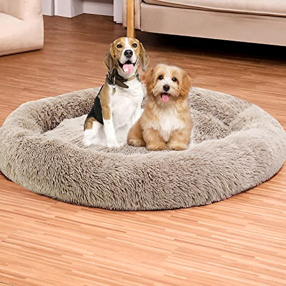 Bonteck Calming Dog Beds for Small Medium Large Dogs - Round Donut Machine Washable Dog Bed, Anti-Slip Faux Fur Fluffy Donut Cuddler Cat Bed, Multiple Sizes S-XL