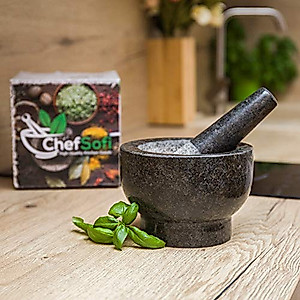 ChefSofi Mortar and Pestle Set - Black Polished Exterior - 6 inch - 2 Cup Capacity