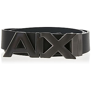 Armani Exchange Men's Leather Wide Logo Belt Buckle, black/phantom, 38