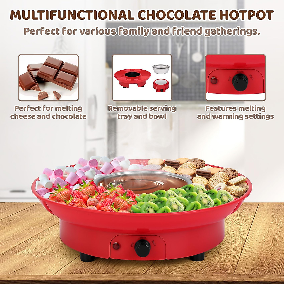 Beyoung Electric Fondue Pot,Chocolate Fondue Maker With Temperature Control and Detachable Serving Trays Great for Dipping Snacks,Bread in Chocolate,Meaningful Birthday Wedding Day Gift,Red