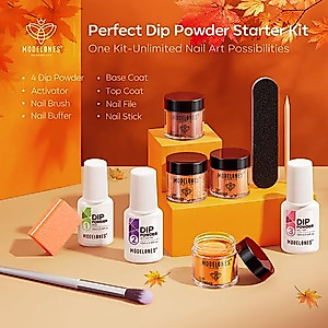 Modelones Dip Powder Nail Kit Starter, 4 Colors Fall Colors Orange Brown Glitter Dipping Powder Liquid Set with Base Top Coat Activator Nail Art Beginner DIY Salon Gift