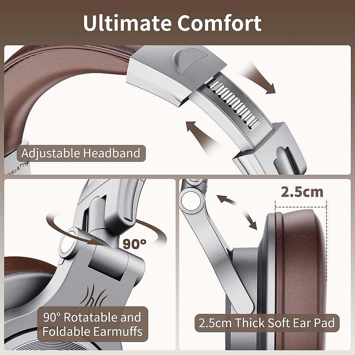 OneOdio A71 Hi-Res Studio Recording Headphones - Wired Over Ear Headphones with SharePort, Monitoring & Mixing Foldable Headphones with Stereo Sound (Silver)