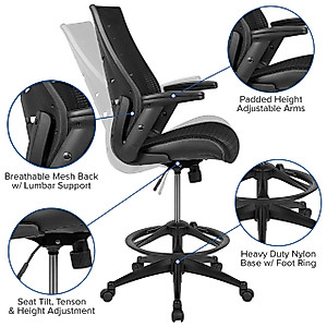 Flash Furniture High Back Black Mesh Spine-Back Ergonomic Drafting Chair with Adjustable Foot Ring and Adjustable Flip-Up Arms
