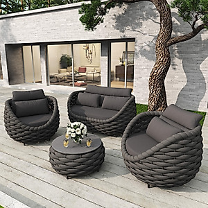ercimi 4 Pieces Set Aluminum Outdoor&Indoor Sofa, Modern Patio Furniture Set Conversation Set with Soft Cushion and Coffee Table for Balcony Garden，Black