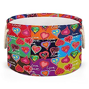 Heart Colorful Valentine_1 Large Round Baskets for Storage Laundry Baskets with Handles Blanket Storage Basket for Bathroom Shelves Bins for Organizing Nursery Hamper Girl Boy