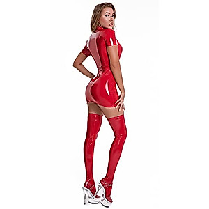 Woman Patent Leather Wet Look Hollow Cut Out Bodycon Dress Latex Zipper Nightclub Lingerie Clubwear Red, Small