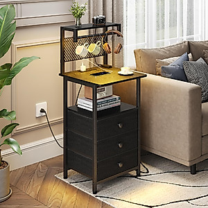 DALEMHOME Tall Nightstand with Charging Station and LED Lights, Night Stand with 3 Drawers and Storage Shelves, Bedside Table for Bedroom, Office, Black HKET2301BK