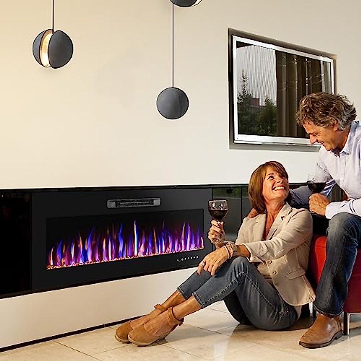 BETELNUT 50" Electric Fireplace Wall Mounted and Recessed w/144 Combination Colors & 5 Brightness,750/1500W Fireplace Heater w/Timer,Low Noise,Remote Control & Touch Screen,Log Set & Crystal Option