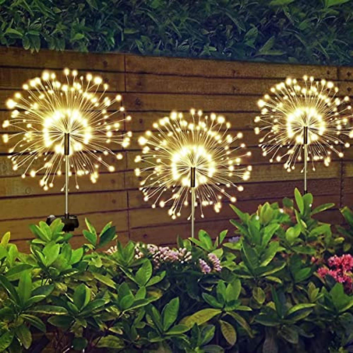 Upgrated 3 Pack Solar Garden Path Lights with Remote, 120 LED Solar Firework String Lights Outdoor, 8 Modes Landscape Stake Lights for Walkway Backyard Patio Christmas Wedding Party (Warm White)
