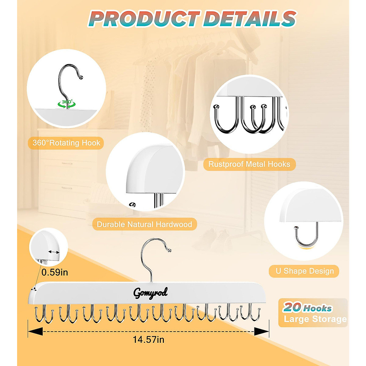 Bra Hanger for Closet, 2 Pack Tank Top Hanger w/20 Hooks Capacity Foldable Wood Space Saving Hangers, 360°Rotating Closet Organizers and Storage for Dorm & Apartment for Bra Scarf Ties(White)