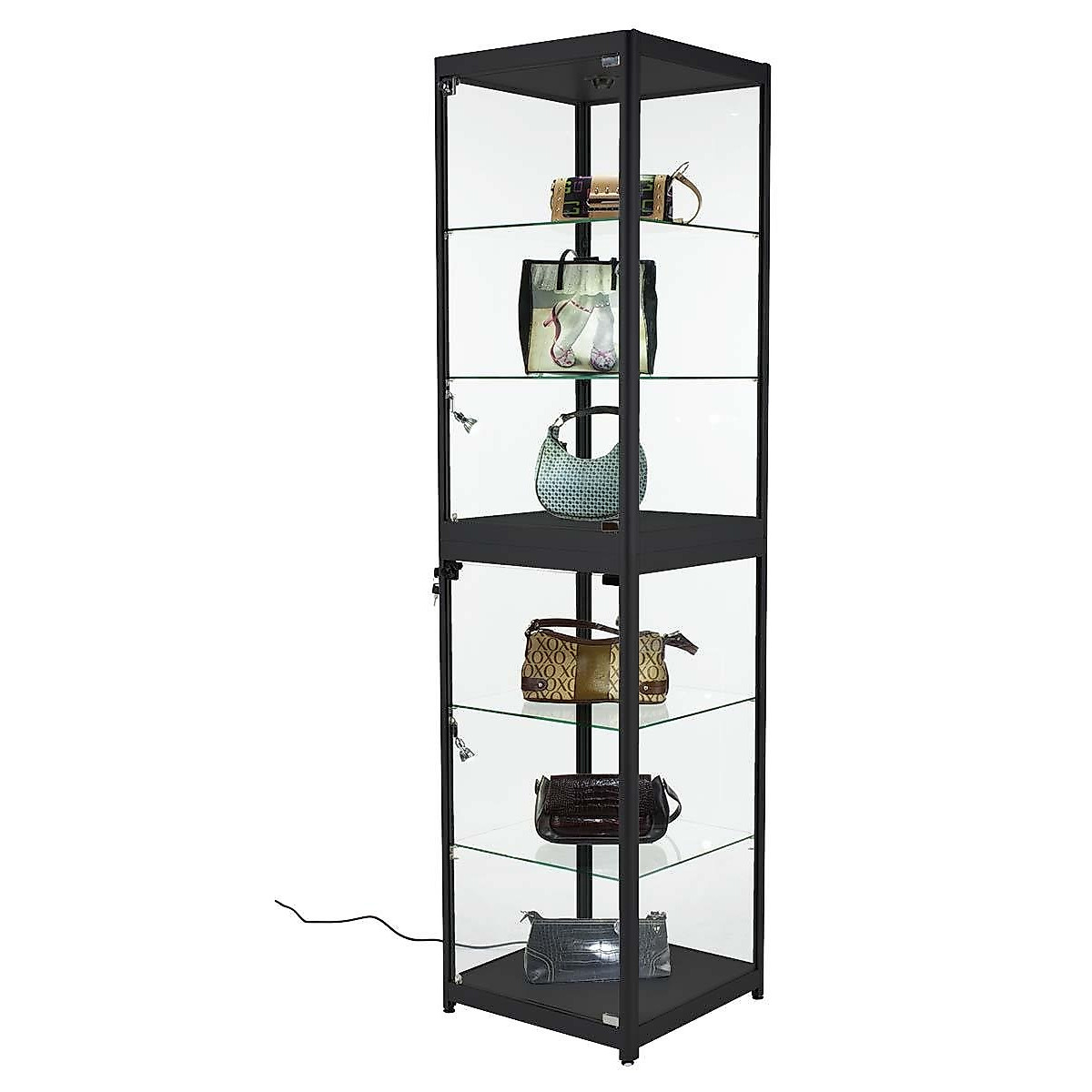 Displays2go Tower Showcase with LED Lighting, Aluminum, Tempered Glass, 5 Shelves – Black Finish (2TCASEBLKS)