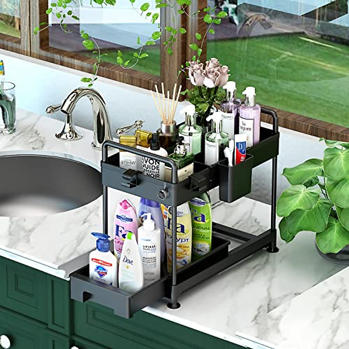 SOLEJAZZ 2-Tier Under Sink Organizer, Sliding Under Bathroom Cabinet Storage Drawer Organizer with Hooks, Hanging Cup, Dividers, Handles, Multi-purpose Under Sink Shelf Organizer, Black, 2 Pack