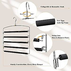 Clothes Pants Slack Hangers 5 Layers Non Slip Closet Storage Organizer Space Saving Hanger with Foam Padded Swing Arm for Pants Jeans Scarf Trousers Skirts (Updated Version-4pcs Black)
