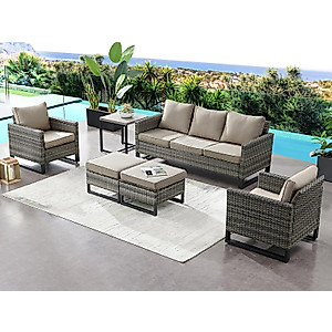 HUMMUH 6 Piece Patio Furniture Outdoor Sectional Sofa Set All-Weather Wicker Outdoor Chairs with End Table Ottomans for Patio,Porch,Garden,Backyard