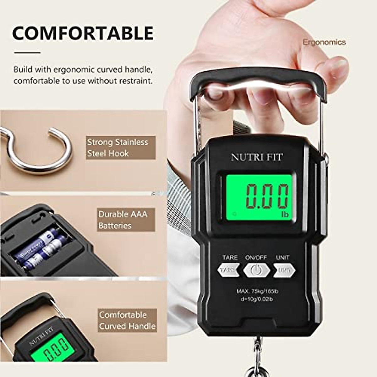 NUTRI FIT Luggage Weight Scale Fish Weighing Scales Digital Handheld Suitcase Weigher with Hook, 165lb/75kg with Measuring Tape for Travel, Fishing, Gifts
