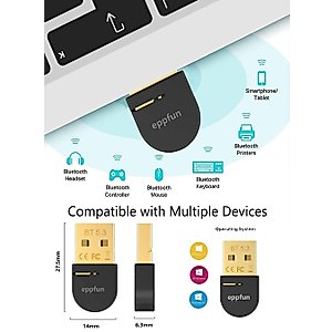 eppfun USB Bluetooth Adapter for PC Laptop Desktop, Bluetooth 5.3 Dongle Receiver, Wireless Audio Adapter, Support Windows 11/10/8.1, Compatible with Mouse Keyboard Headphones/Headsets Printers
