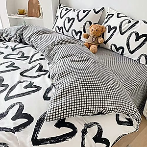 Wellboo Love Comforter Sets Queen Black and White Bedding Comforters Cotton Women Girls Heart Shaped Bed Quilts Brush Ink Love Pattern Quilts Adults Girls Modern Kawaii Black White Dorm Comforters