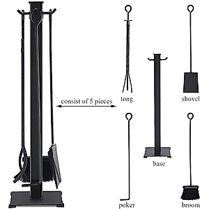 Hysache 5-Piece Fireplace Tool Set, Heavy Duty Wrought Iron Toolset w/Tong,Poker, Shovel, Brush, Indoor & Outdoor Hearth Wood Stove Firepit Accessories, Compact Fireplace Tool Set