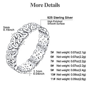 FOCALOOK Celtic Knot Ring 925 Sterling Silver Triquetra Ring Wedding Band Stackable Ring Celtic Jewelry for Women(Size 8)