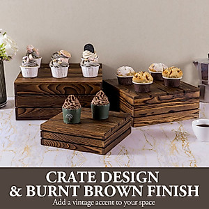 MyGift Rustic Burnt Dark Brown Solid Wood Reversible Stackable Display Box Riser Stands or Decorative Square Crate Style Nesting Storage Bins, 3-Piece Set