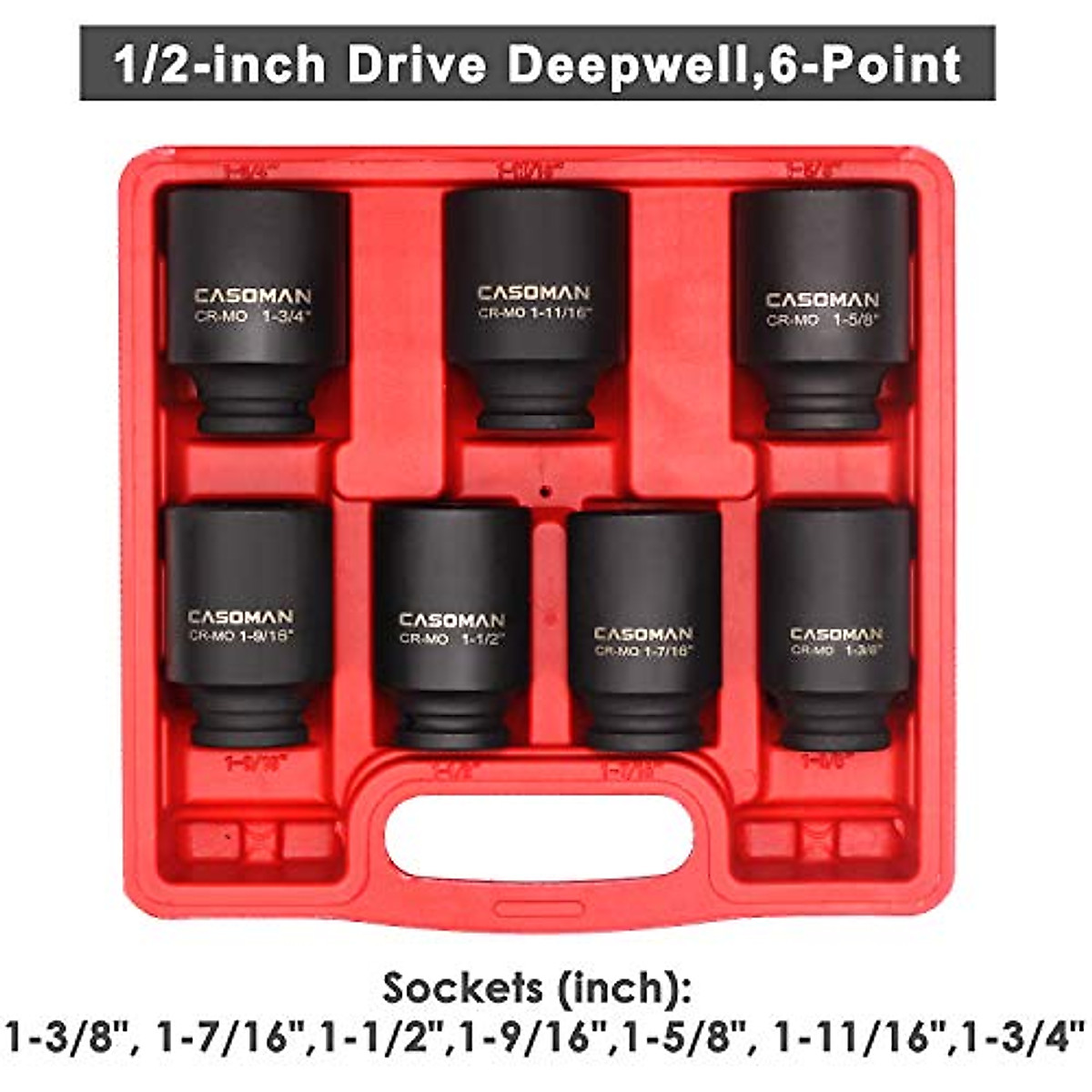 CASOMAN 1/2-Inch Drive Deep Spindle Axle Nut Impact Socket Set, Inch, Cr-Mo, 6-Point, 1-3/8-Inch - 1-3/4-Inch, 7 Piece Axle Socket Set