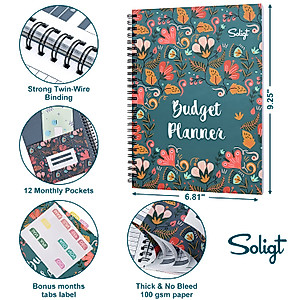Monthly Budget Planner [Undated] with 12 Bill Pockets for Income, Debt, Saving, Expense and Bill Tracker Organizer, Blue, Floral Design