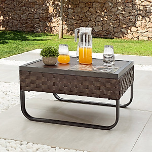 LOKATSE HOME Patio Dining Furniture Outdoor Square Bistro Side Coffee Table with Rattan Wicker Metal Slatted Steel Frame Aluminum Plastic Plate Wood Grain Desktop, Brown