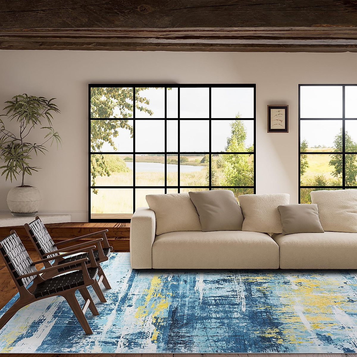 HOMBYS 8x10ft Thickened Memory Foam Area Rug for Living Room Bedroom, Large Soft Modern Floor Carpet for Indoor, Abstract Home Deco Non-Shedding, Blue, Machine Washable