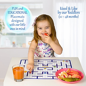 Toddler Placemats (12 to 48 Months) Set of 4 Placemats, Education Placemats for Kids, Non Slip Placemats for Dining Table, Easy to Clean Wipeable Reusable Plastic Placemats