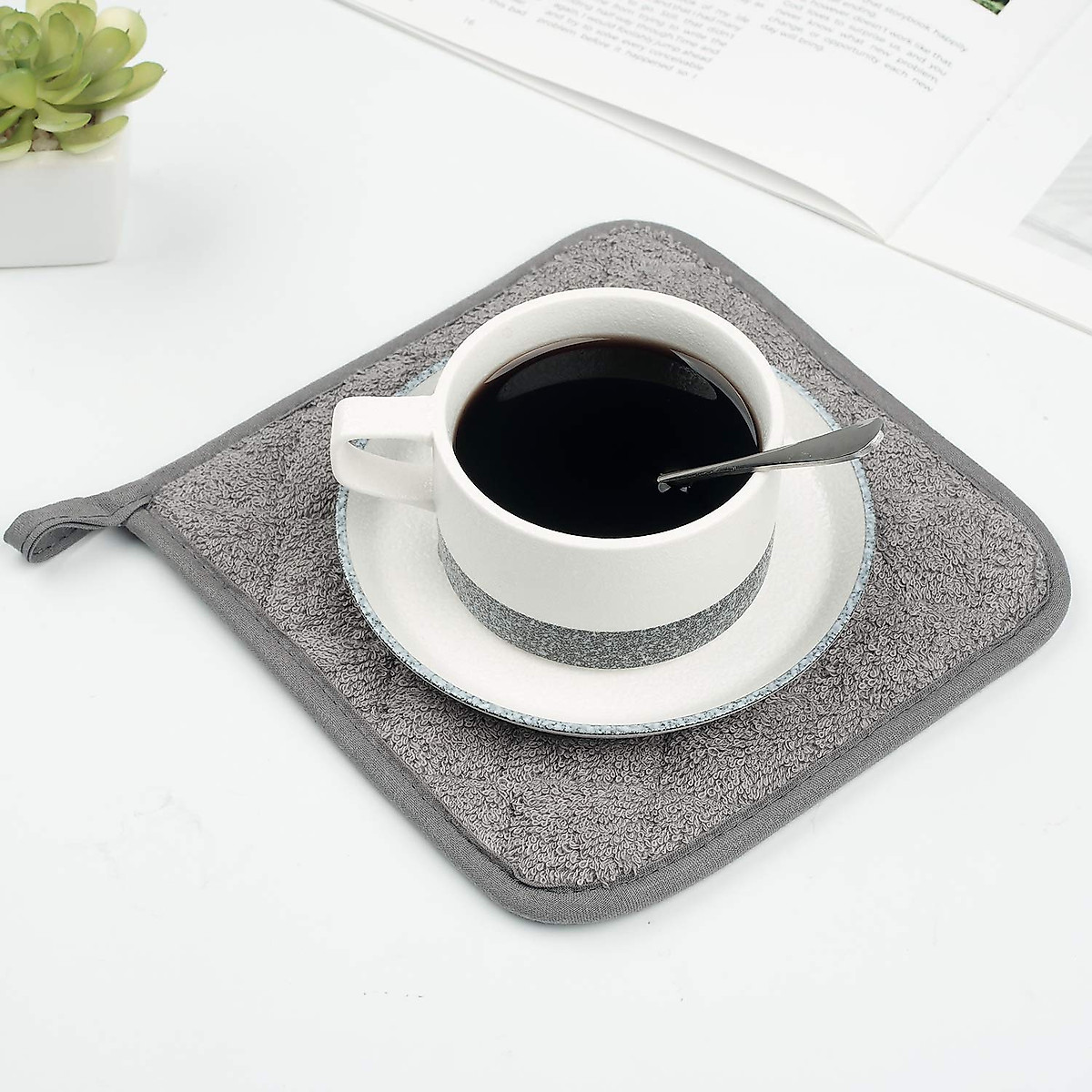 100% Cotton Kitchen Everyday Basic Terry Pot Holder Heat Resistant Coaster Potholder for Cooking and Baking Set of 5 Grey