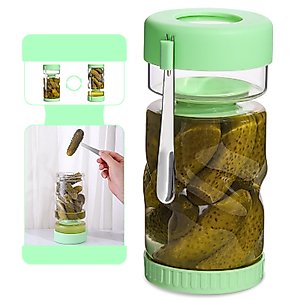 fruui Glass Pickle Jar with Strainer Flip and Stainless Steel Fork, 36oz Leakproof Airtight Pickle Container with Strainer, Hourglass Pickle Juice Separator Jar for Capers, Olive and Jalapenos