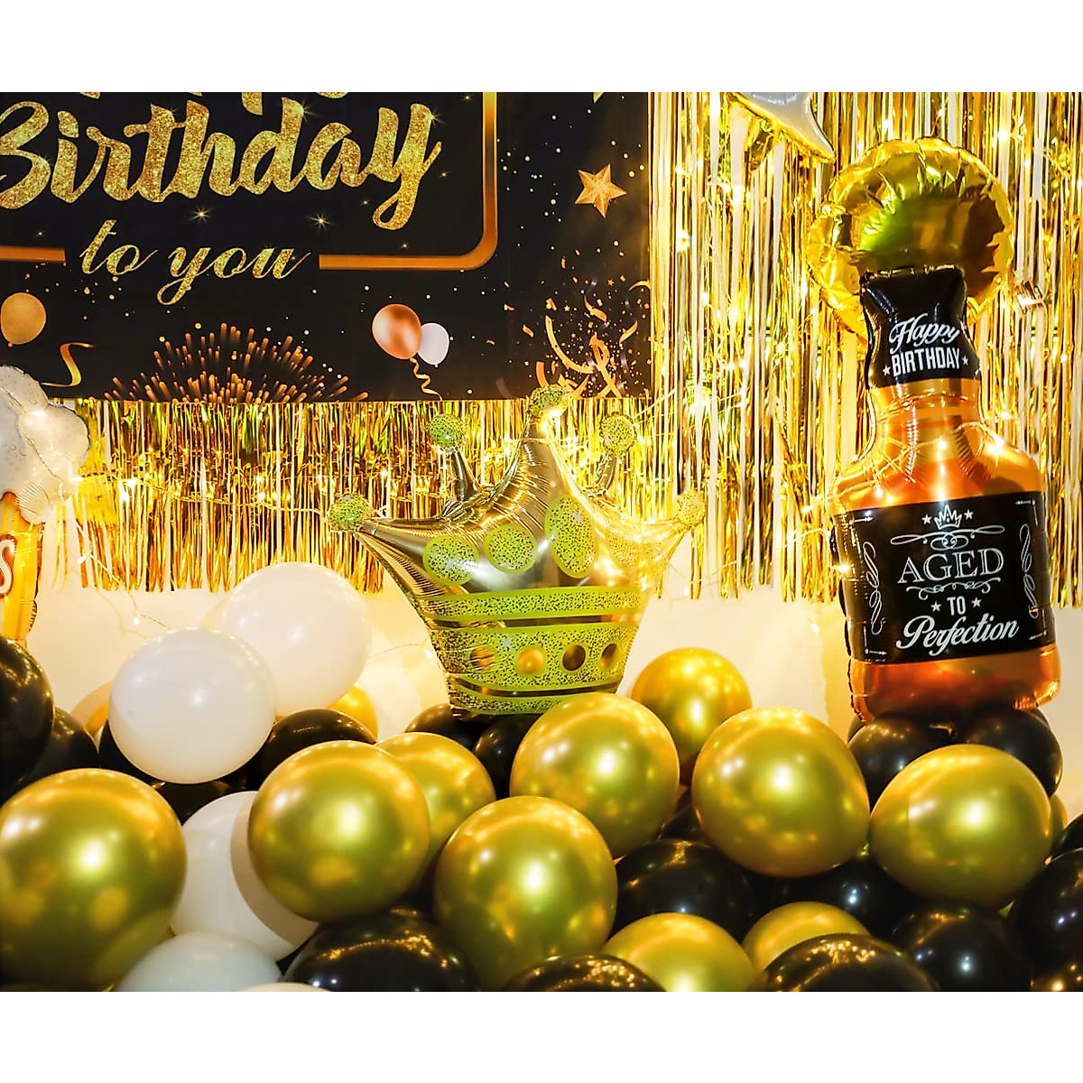 Birthday Party Decoration for Men Gold Curtains Birthday Backdrop Banner and Balloons Set Party Supplies with String Light for Men and Women Birthday Party