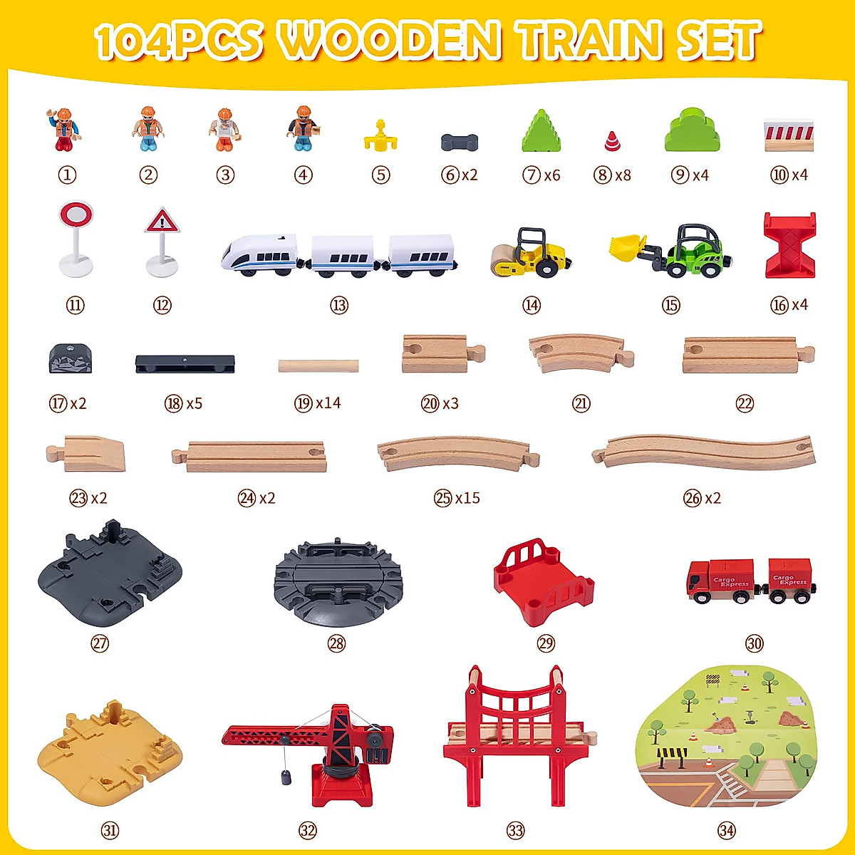 TUKELER Wooden Train Set for Toddler 104pcs, Themed Urban Engineering Train Track Toys for Aged 3+, Double Sided Wooden Train Track, Compatible with Thomas, Brio, Chuggington, Melissa and Doug