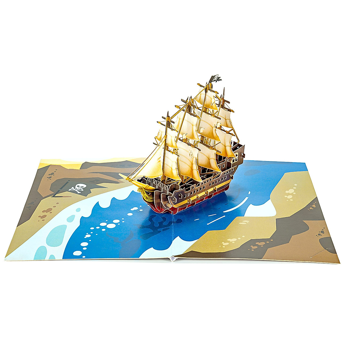 Pirate Ship - 3D Color Pop Up Greeting Card For All Occasions - Love, Birthday, Christmas, Good luck, Father's Day, Adventure, Travel - Message Note for Personalized - Thick Envelope, Fold Flat