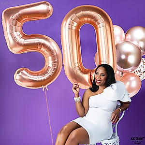 KatchOn, Rose Gold 50th Birthday Balloons - Giant, 40 Inch | 50 Balloon Number | 50th Anniversary Decorations