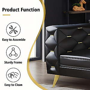 Chesterfield Loveseat, Faux Leather Upholstered 2 Seater Couch with Square Arms and Tufted Back, Mid-Century Modern Sofa Couch with Metal Buckle Decor for Living Room, Office, Bedroom (Black)