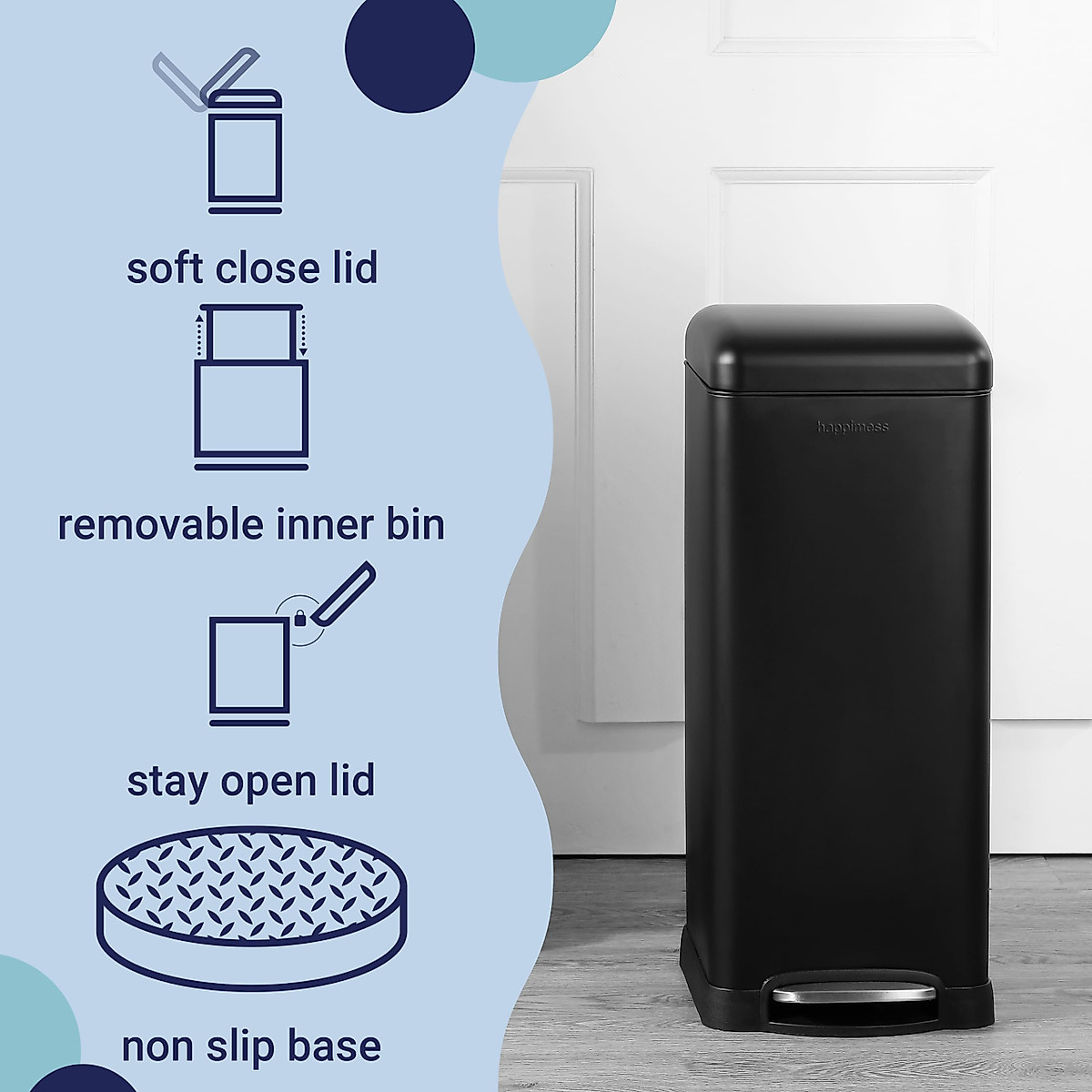 happimess HPM1007B Betty Retro 8-Gallon Step-Open Trash Can with Soft-Close Lid, Fingerprint Resistant, Modern, Minimalistic for Home, Kitchen, Laundry Room, Office, Bedroom, Bathroom, Black