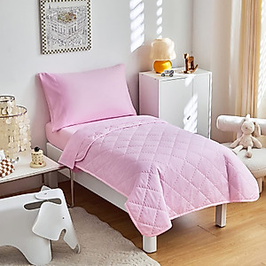 Pink Quilted Toddler Bedding Set 4 Pieces Summer Toddler Bed Quilt Set Includes Toddler Size Bedspread, Flat Sheet, Fitted Sheet and Pillowcase