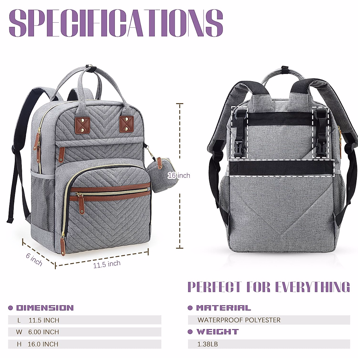 Tuwubi Diaper Bag Backpack, Baby Essentials Travel Tote Bag, Multi function Waterproof Backpacks, Travel Essentials with Stroller Straps & Pacifier Case - Grey