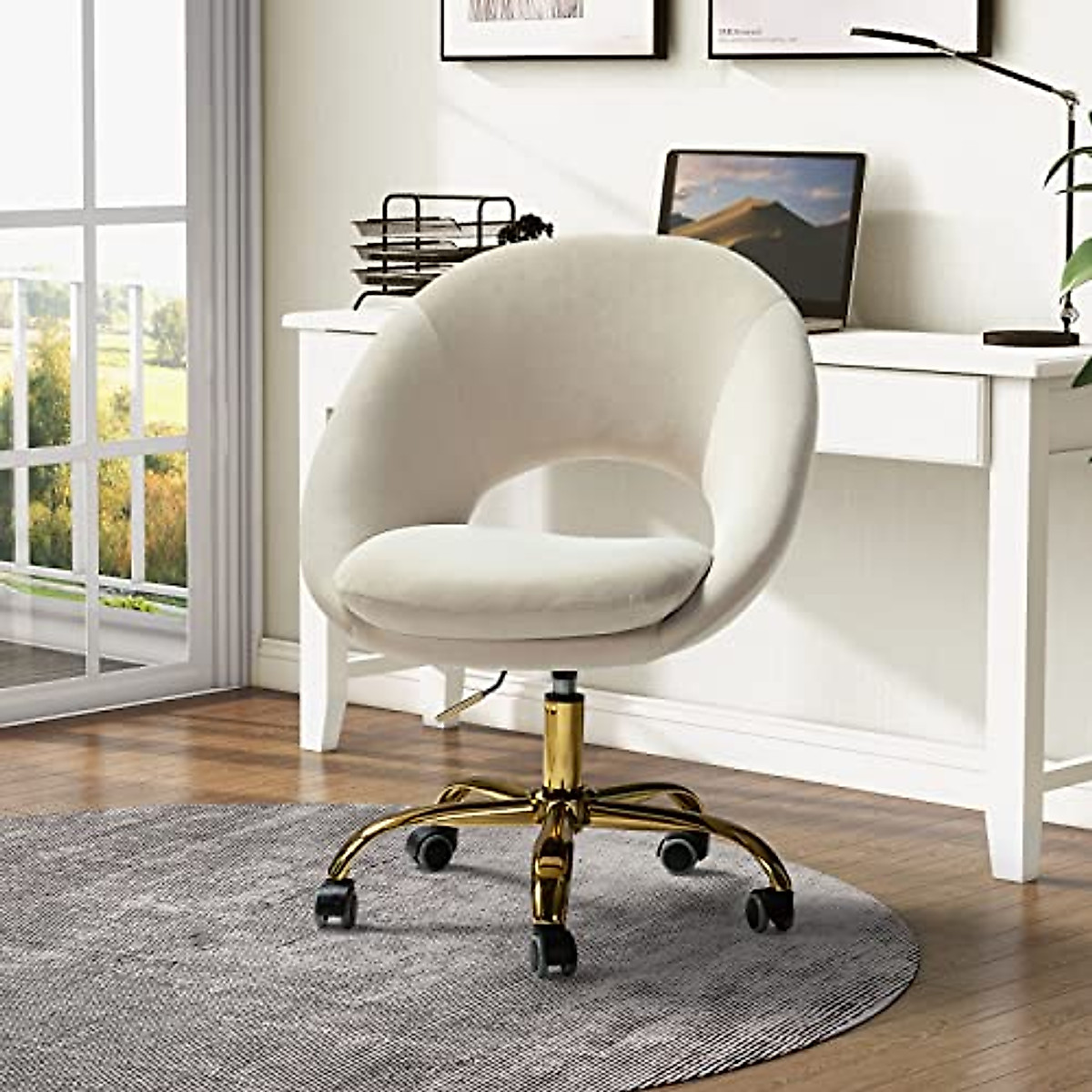 TINA'S HOME Modern Velvet Office Chair with with Adjustable Swivel, Comfy Upholstered Desk Chair with Open Back, Small Cute Chair for Living Room Study Vanity, Tan