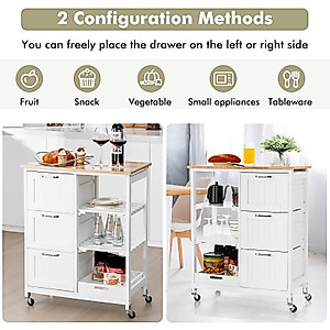 MEDIMALL Rolling Kitchen Island Cart with Storage, Utility Cart on Steel Lockable Casters, Mobile Serving Cart with Drawers, Shelves & Removable Tray, Island Table for Dining Room & Living Room, White