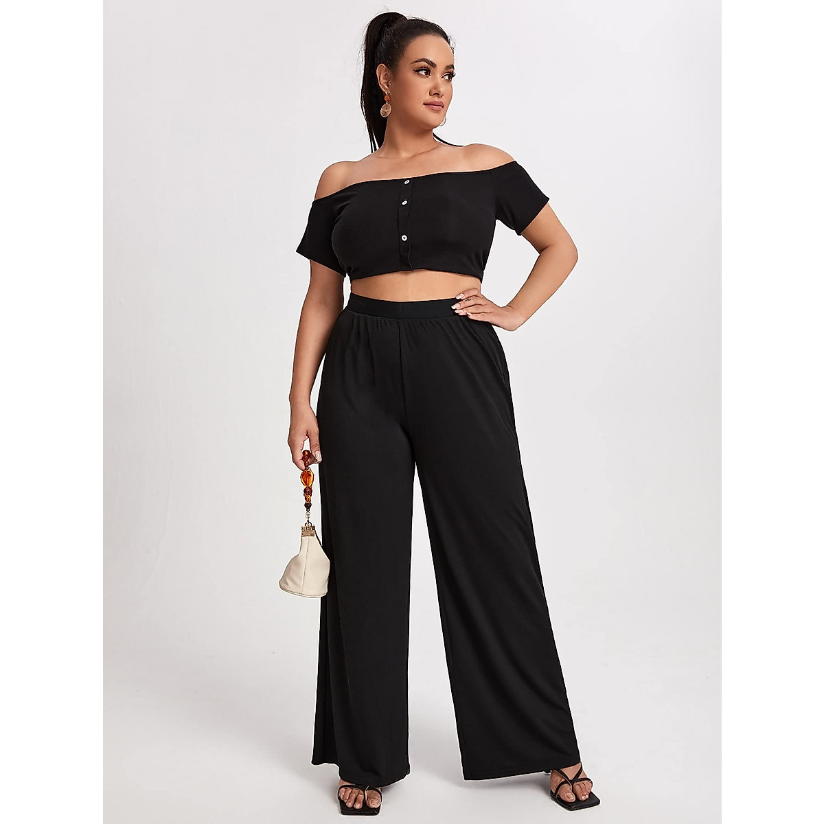WDIRARA Women's Plus Size Wide Leg Palazzo Pants Elastic High Waisted Loose Trousers Black 1XL
