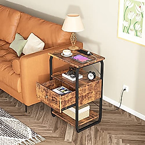 KHLJJU Nightstand with Charging Station, Bedside Tables with USB Ports and Outlets, Side Table with Drawer for Small Spaces, Vintage End Table for Bedroom, Living Room