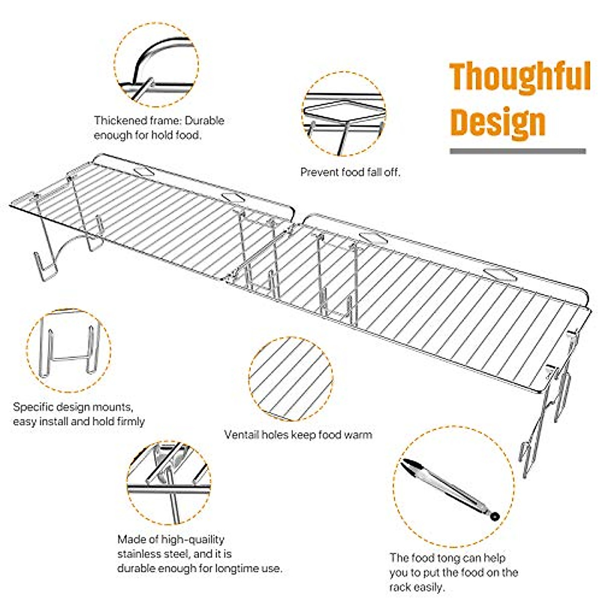 RUSFOL Durable Stainless Steel Griddle Warmimg Rack with a Food Tong, Compatible with 36" Blackstone Griddle, Keep Your Food Warm & Spa ce Saving BBQ Accessories, Free from Drill Hole&Easy to Install