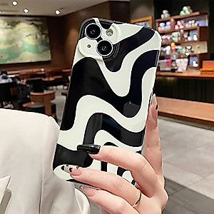 MZELQ for iPhone 13 Case, Cute Pattern Wave IMD Soft Phone Case, Camera Protection Lens Black and White Shockproof Phone Case for Girls Women