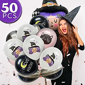 HOUSE OF PARTY Halloween Witch Foil Balloon-50PCS Black Pink White Witch, Cat Latex Balloons for Halloween Birthdays Graduation Party Decorations, School Classroom Games, Kids' Hand Out