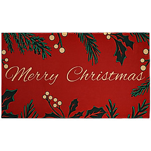 Merry Christmas Decorative Welcome Doormats,Non-Slip Holiday Door Mat Winter Holly for Indoor Outdoor Home Garden Decoration, Red Christmas Rug Entryway Front Porch Farmhouse Decor, 30" x 17"