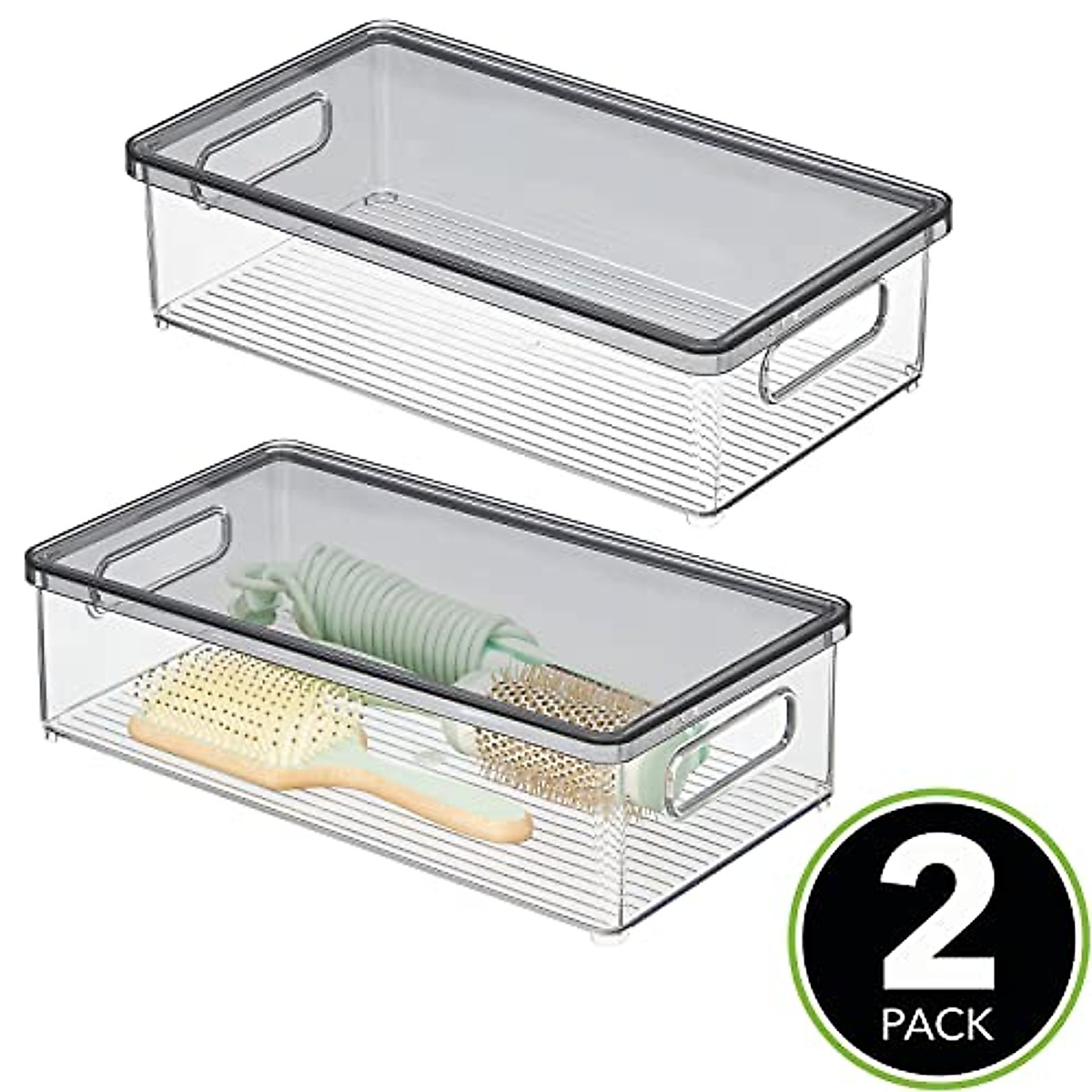 mDesign Plastic Stackable Bathroom Cabinet Storage Bin with Handles/Lid - Bin for Vanity, Countertop, Drawer Organization - Hold Soap, Towels, Accessories, Ligne Collection, 2 Pack, Clear/Smoke Gray