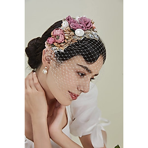 BABEYOND 1920s Fascinator Mesh Flower Pearl Veil Headband Bridal Wedding Tea Party Fascinator Veil for Women