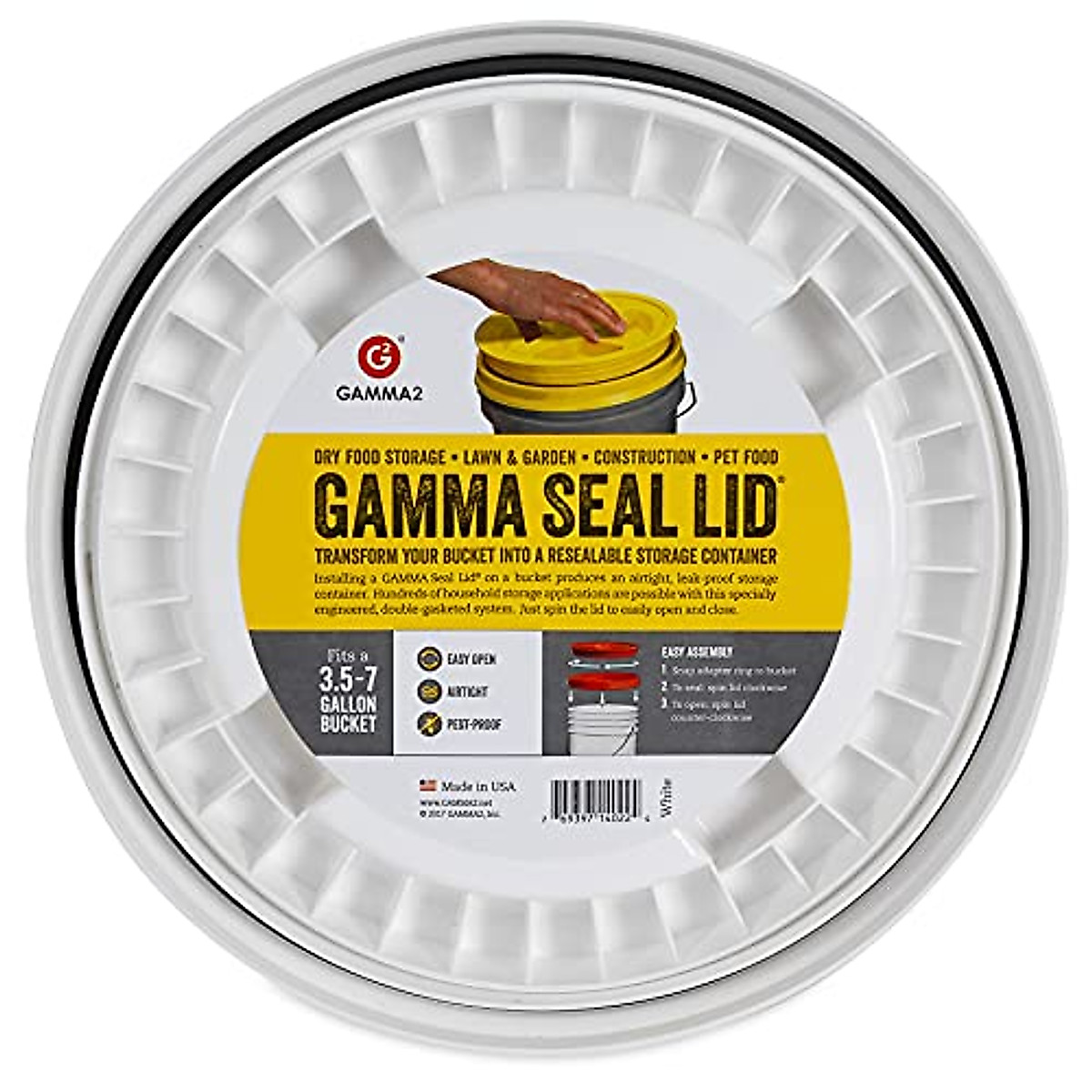 Gamma2 Seal Lid - Pet Food Storage Container Lids - Fits 3.5, 5, 6, & 7 Gallon Buckets, White, 4122E